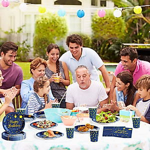 Kederwa Navy Blue and Gold Happy Birthday Plates and Napkin Party Supplies, 20 Guest Birthday Paper Plates and Cup Napkin Straws for Blue and Gold Party Tableware