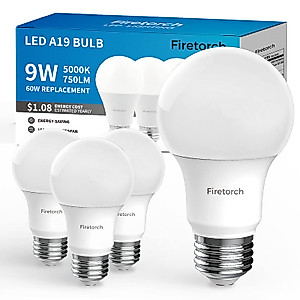 Firetorch A19 Led Bulb,9 W 60W Equivalent, E26 Led Light Bulbs Standard Replacement Bulb 750 Lumen,Non-Dimmable, UL Listed (5000K,4 Pack)