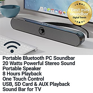 Majority Atlas Portable Bluetooth PC Soundbar | 20 Watts Powerful Stereo Sound | Portable Speaker with 8 Hours Playback | One Touch Control, USB, SD Card & AUX Playback Sound Bar for TV