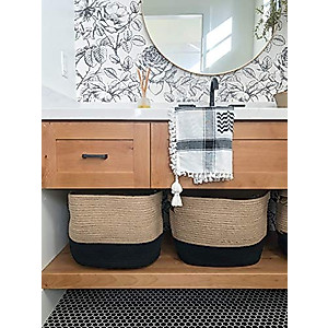 Chloe and Cotton Woven Cube Storage Baskets with Handles | Set of 2 | Cute Decorative Bins For Shelves, Bookcases, Cubbies, & Organizing Containers | Black & Tan