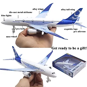OTONOPI Airplane Toys Bump and Go Airlines Die Cast Metal Model Plane Toy with Lights and Sounds for Kids Blue