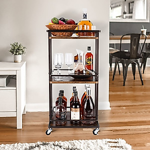 Feemiyo 3-Tier Bar Cart, Serving Bar Cart for Home with Large Storage Space, Made of Wood and Metal with Wheels，Multifunctional cart Suitable for Home Bars, Kitchens, Living Rooms, and bedrooms (Wood)