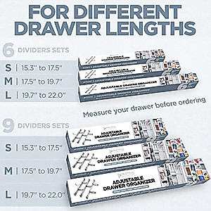 Practical Comfort Drawer Dividers, 9 pcs adjustable drawer dividers set, Made from high strength aluminum, 3 Main expandable drawer divider expand From 17.5" to 19.7" + 6 Sliding Separators 3.8"
