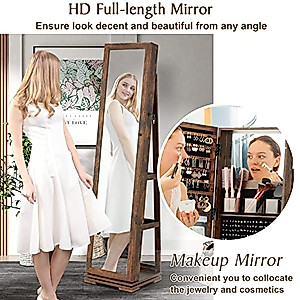 ACIPENSER Rotating Jewelry Armoire Cabinet, Standing Lockable Jewelry Cabinet Organizer w/Full Length Mirror, Large Storage Capacity, Built-in Makeup Mirror & 3-Tier Back Shelves, Rustic Brown