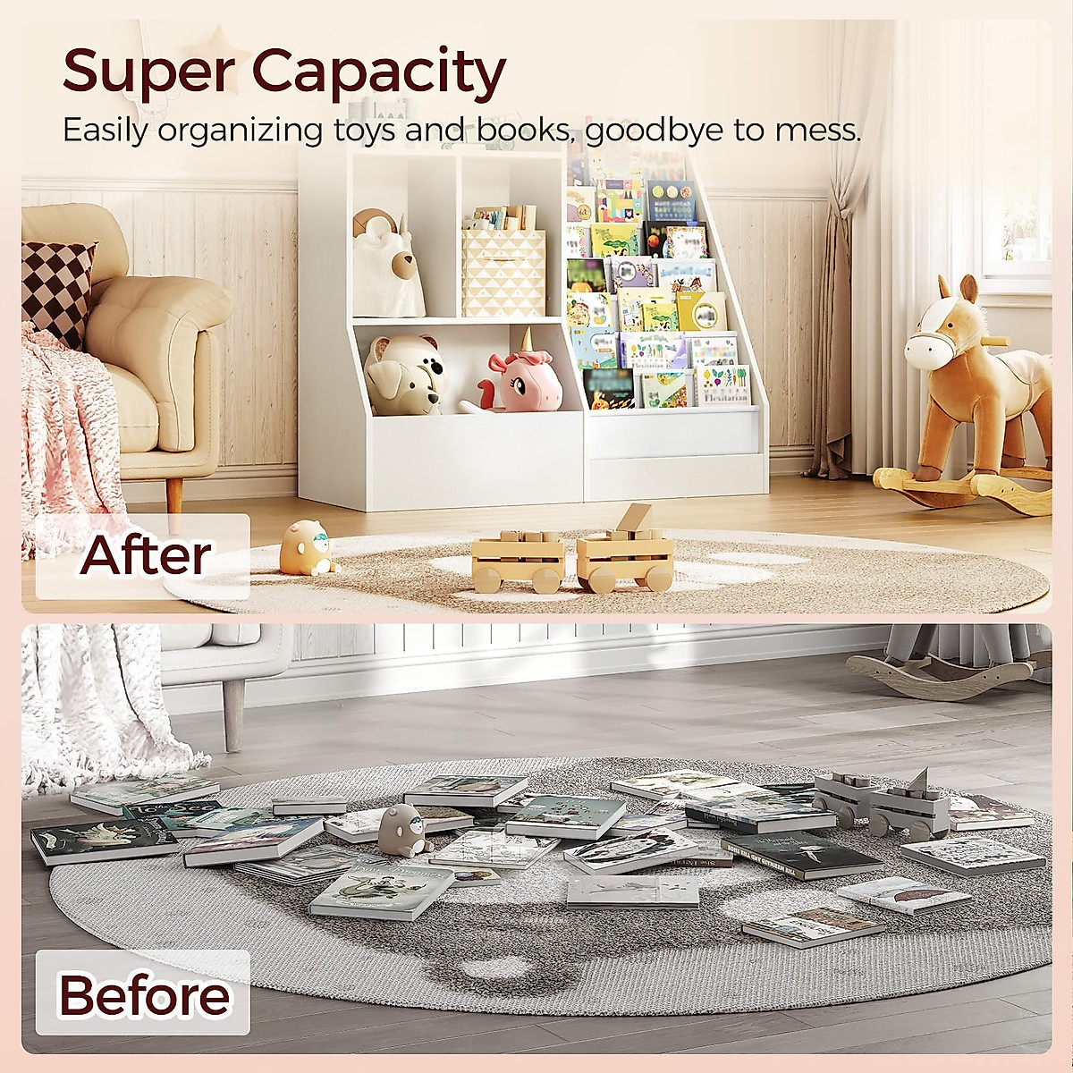 MAHANCRIS 39.4" Kids Bookshelf and Toy Storage, 7 Layer Kids Book Sling Shelf, Toddler Bookshelf, Kids Bookcase, Toy Organizer Cabinet, Large, for Playroom, Bedroom, Nursery, White BKWT7301