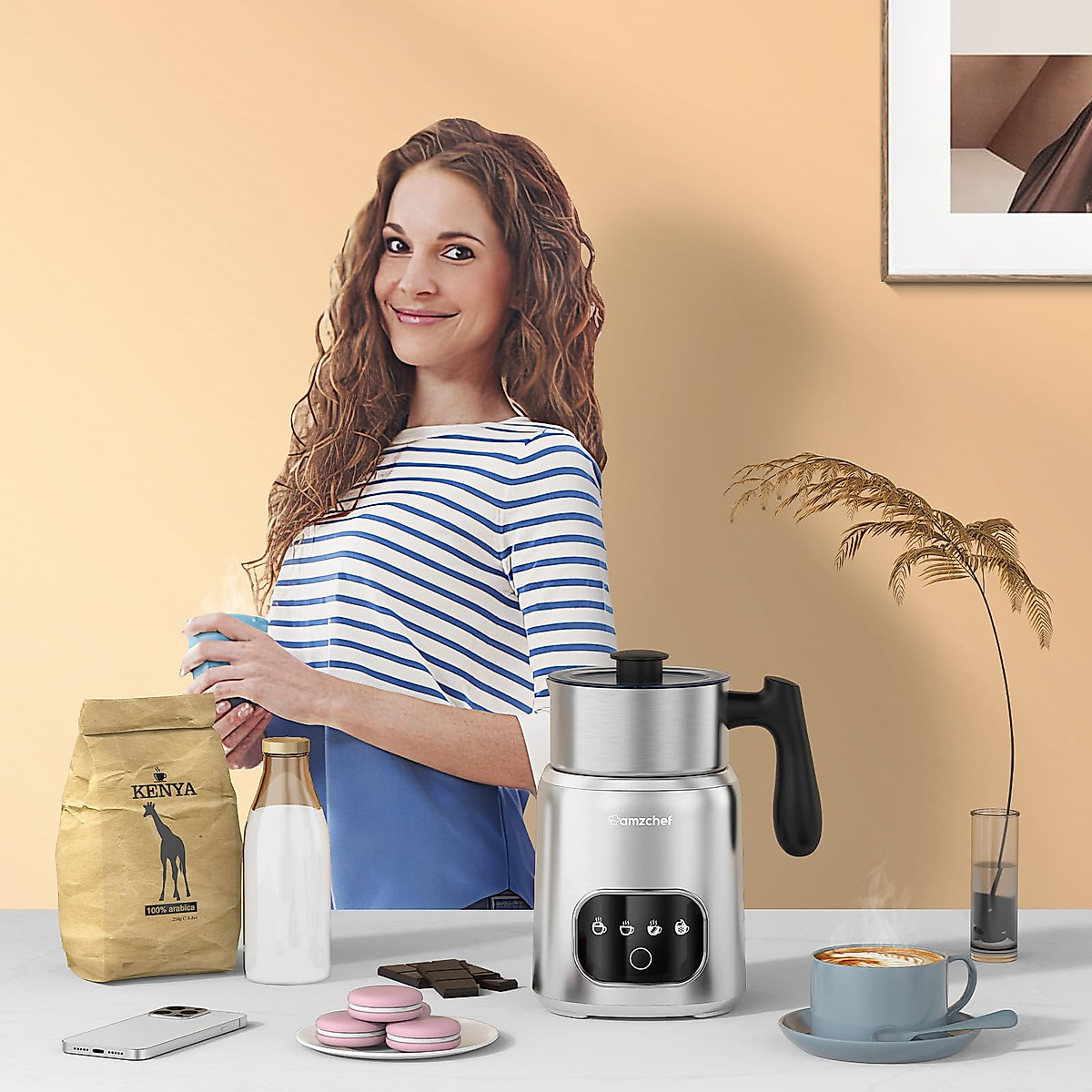 AMZCHEF Milk Frother and Steamer, 4-in-1 Electric Milk Warmer, Automatic Hot and Cold Foam Maker and Milk Warmer, Smart Touch Control, 14oz/400ml, Silver