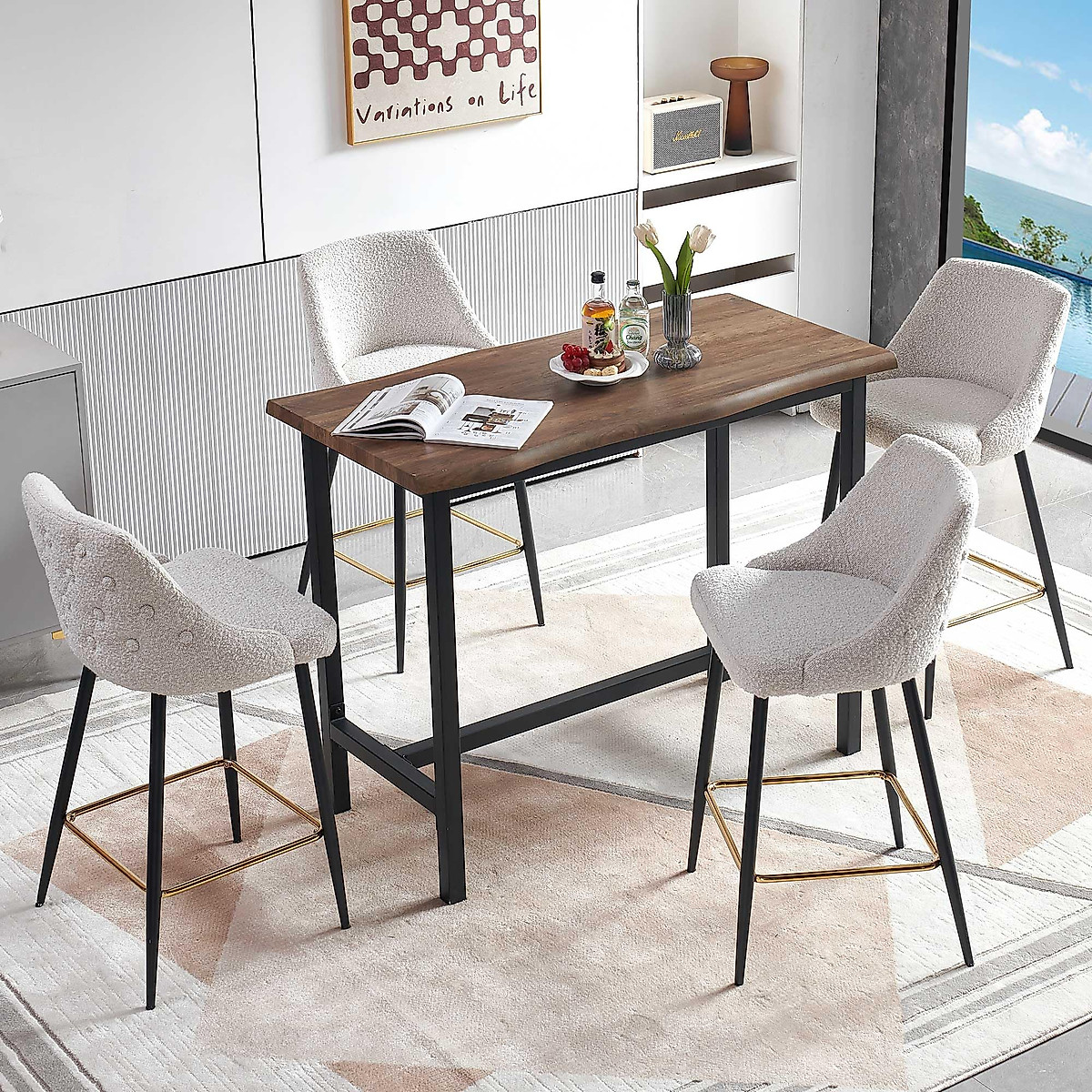 Homedot Bar Table Set for 4, 47.24" Industrial Counter Height Pub Table with 4 Chairs, Home Kitchen Breakfast Table and Chairs for Dining Room, Living Room, Apartment