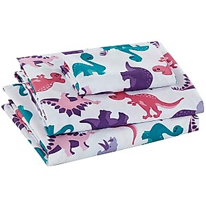 Better Home Style Multicolor Pink Blue Purple Dinosaurs Design for Girls/Kids/Teens 3 Piece Sheet Set with Pillowcase Flat and Fitted Sheets # Dinosaur Land Pink (Twin)