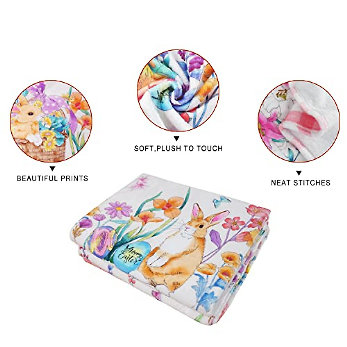 kopudka Easter Throw Blanket Decorations Egg Spring Blankets Rabbit Decor Flannel with Bunny Lilies Wicker Basket Wildflower Throws 50x60 inch