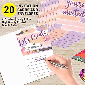 UDNADKEX Art Birthday Invitations Girl with Envelopes, Invites for Girls Birthday Party Art Painting, Paint Birthday Party Invitations Cards, 4"x6" Set of 20, Let's Create & Celebrate