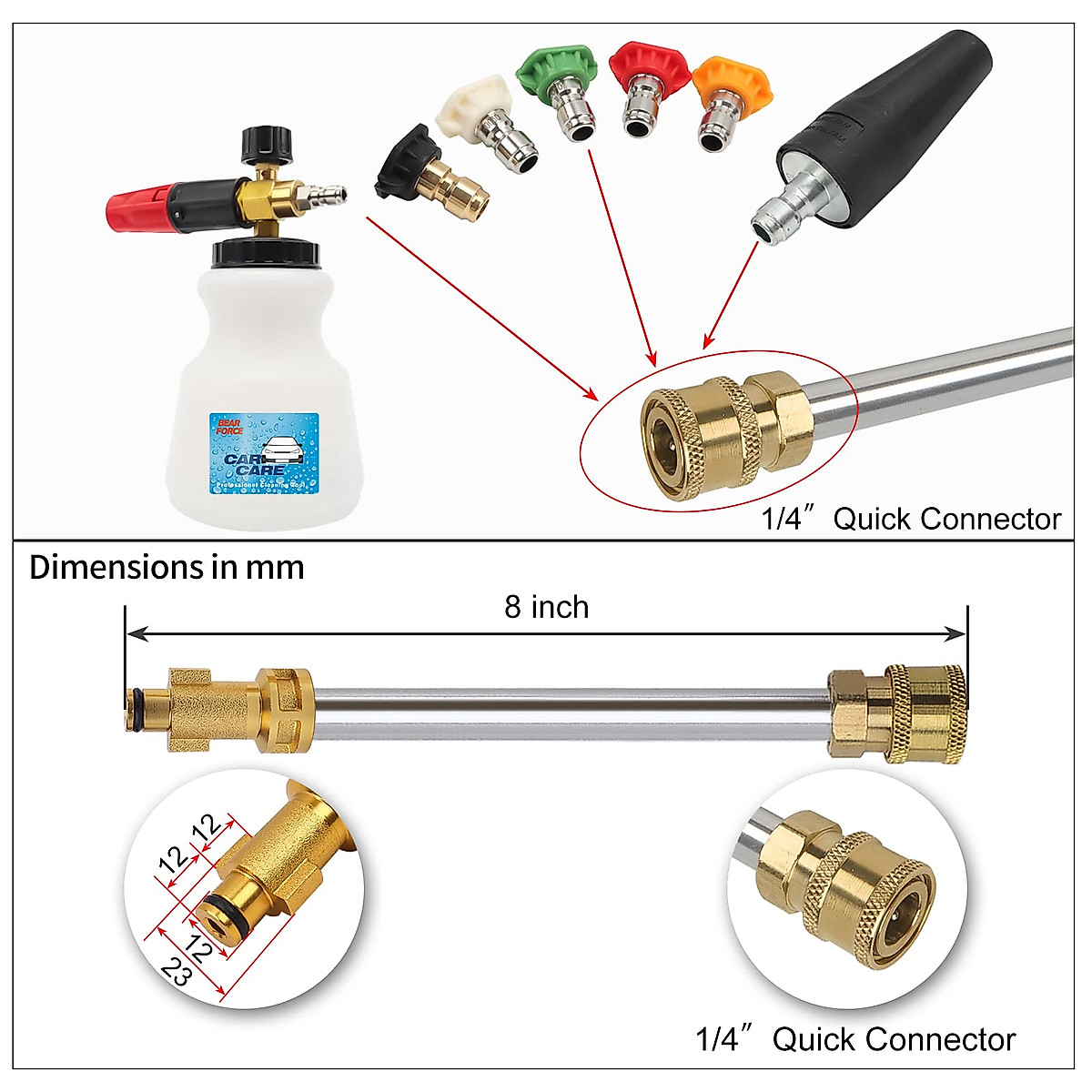 Pressure Washer Foam Cannon Snow Foam Lance & Extension Wand with 1/4” Quick Connector & 5 Spray Tips & Turbo Nozzle for Portland Husky Ryobi Greenworks Pressure Washer