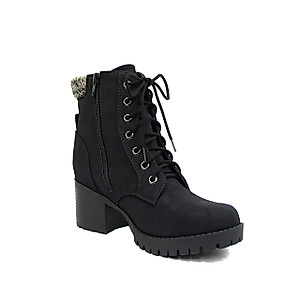 Soda Single Lug Sole Chunky Heel Combat Ankle Boot Lace up w/Side Zipper (7.5, Black (Nubuck))