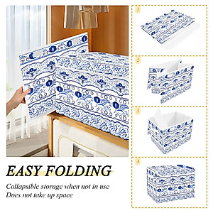 WELLDAY Blue White Floral Ceramic Storage Baskets Foldable Cube Storage Bin with Lids and Handle, 16.5x12.6x11.8 In Storage Boxes for Toys, Shelves, Closet, Bedroom, Nursery