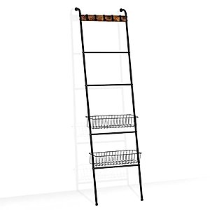 Blanket Ladder Wall-Leaning Blanket Ladder Rack Holder with Removable Hooks and Storage Mesh Baskets Metal Decorative Towel Ladder Shelf for The Living Room Outdoor Pool Black 5 Layer