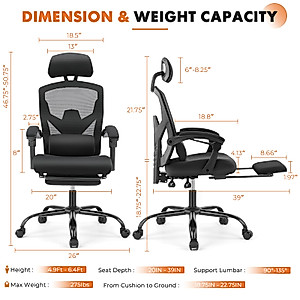 Sweetcrispy Office Computer Desk Chair, Ergonomic High-Back Mesh Rolling Work Swivel Chairs with Wheels, Comfortable Lumbar Support, Comfy Arms for Home, Bedroom, Study, Student, Black