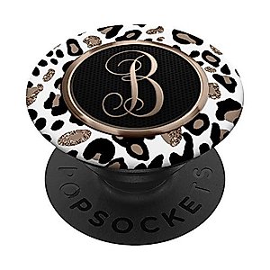 Cute White Leopard Print Cheetah Monogram Initial Letter B PopSockets Swappable PopGrip