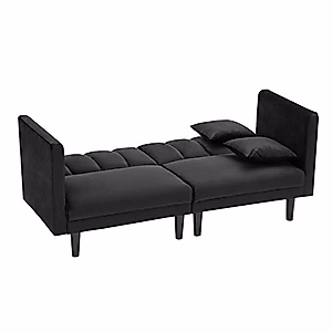 LCH Futon Bed Convertible Velvet, Modern Sleeper Sofa with 2 Pillows, 3 Adjustable Angles for Backrest, Living Room Couch with 7 Sturdy Metal Legs, Upholstered Loveseat for Home, Office, Black
