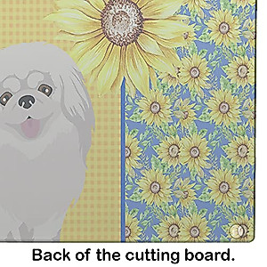 Caroline's Treasures WDK5456LCB Summer Sunflowers White Pekingese Glass Cutting Board Large Decorative Tempered Glass Kitchen Cutting and Serving Board Large Size Chopping Board