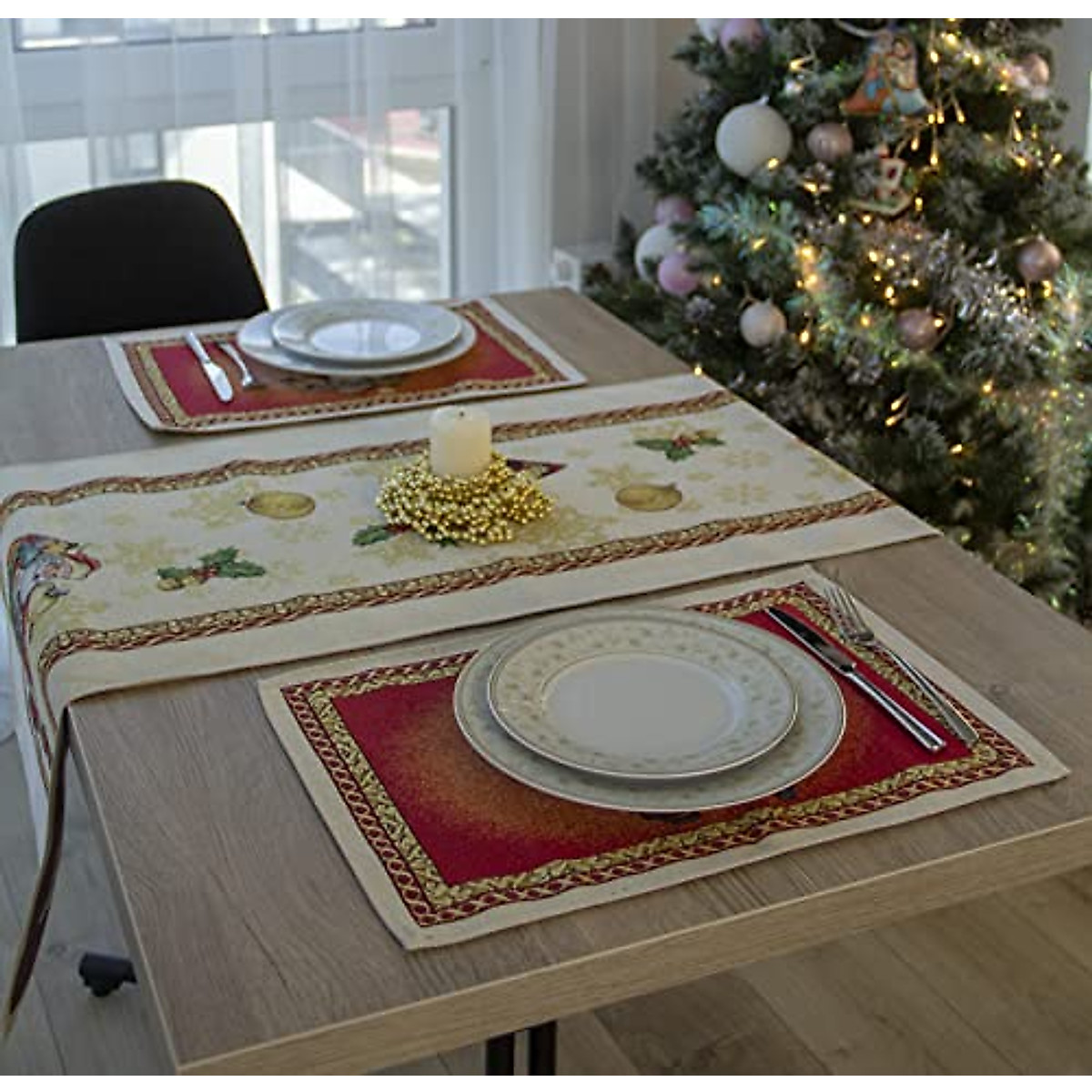 Christmas Placemats with Santa Set of 2 Red Fabric Holiday Glitter with gold Lurex (set of 2) Size:13in X 19in (34cm X 49cm)