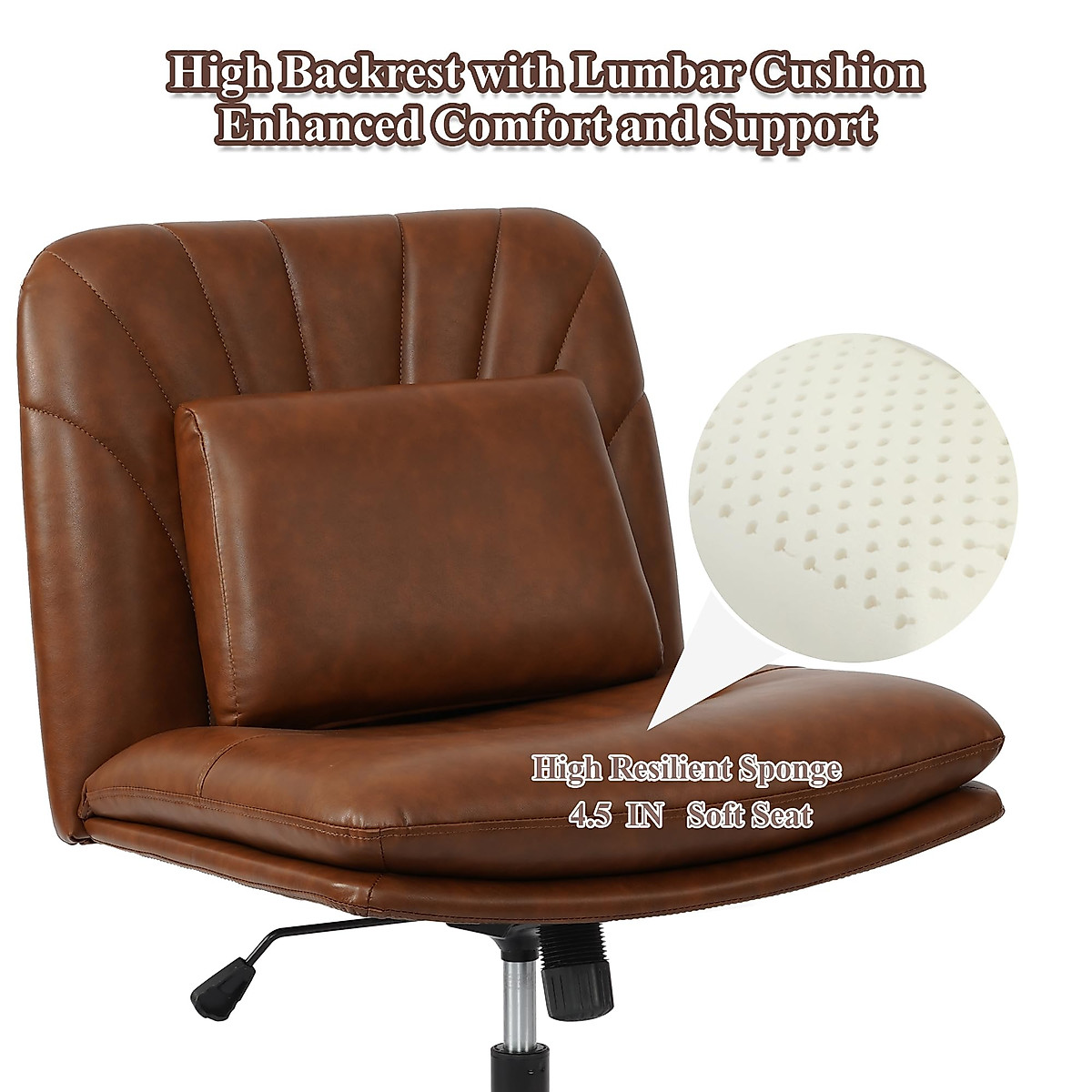 Polarisys Criss Cross Office Chair Armless Desk Chair with Wheels Pu Leather Cross Legged Office Chair, Wide Brown Desk Chairs Cross Legged Meditation Chair with Lumbar Cushion for Home & Office