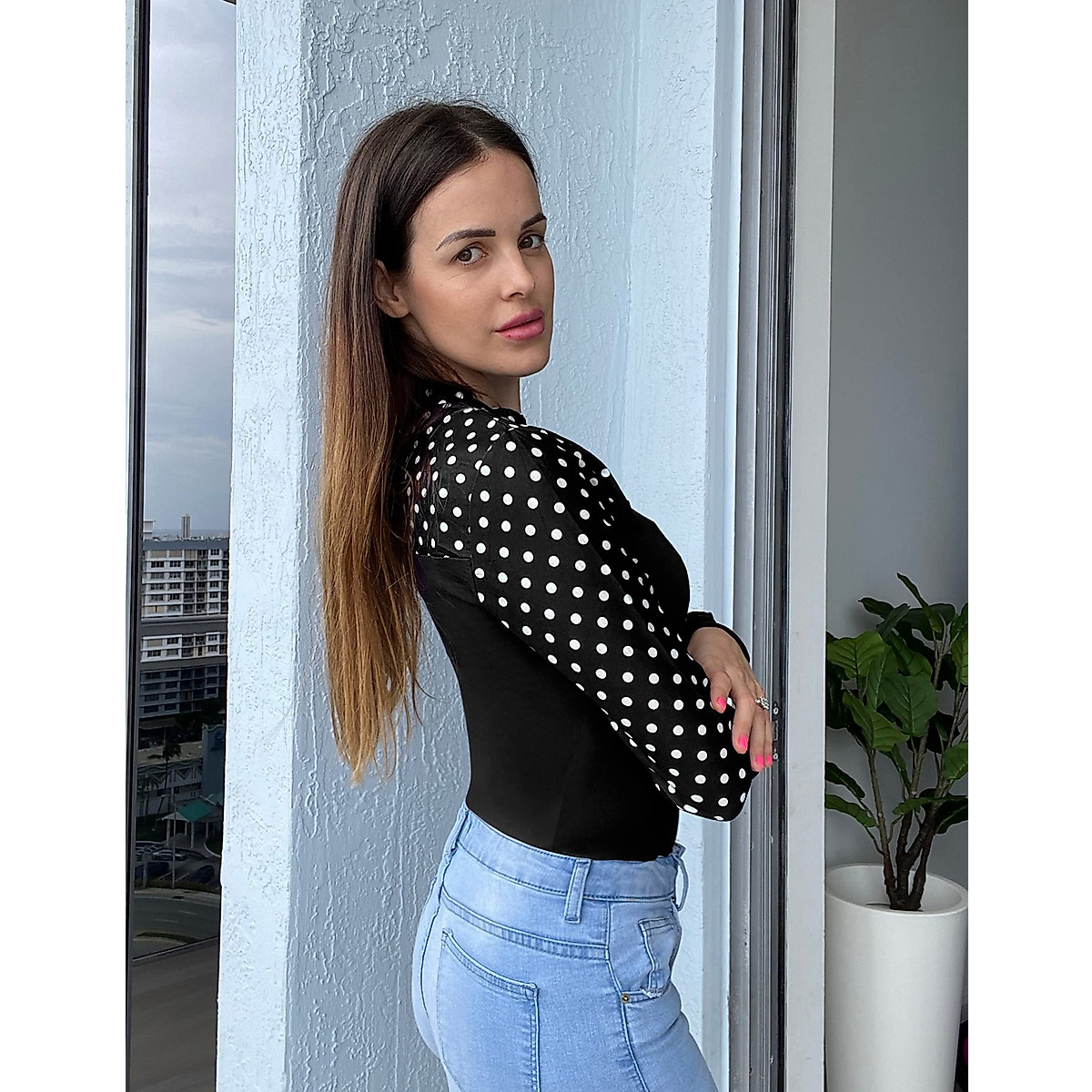 Zeagoo Womens Blouses Sexy Work Tops Bow Tie Blouse Shirt Office, Black Polka Dot, Medium, Lantern Sleeve