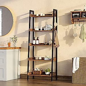 Rolanstar Bookshelf, 5 Tier Ladder Bookshelf with 3 Hooks, Industrial Bookcases, Freestanding Display Plant Shelves with Metal Frame for Living Room, Rustic Brown