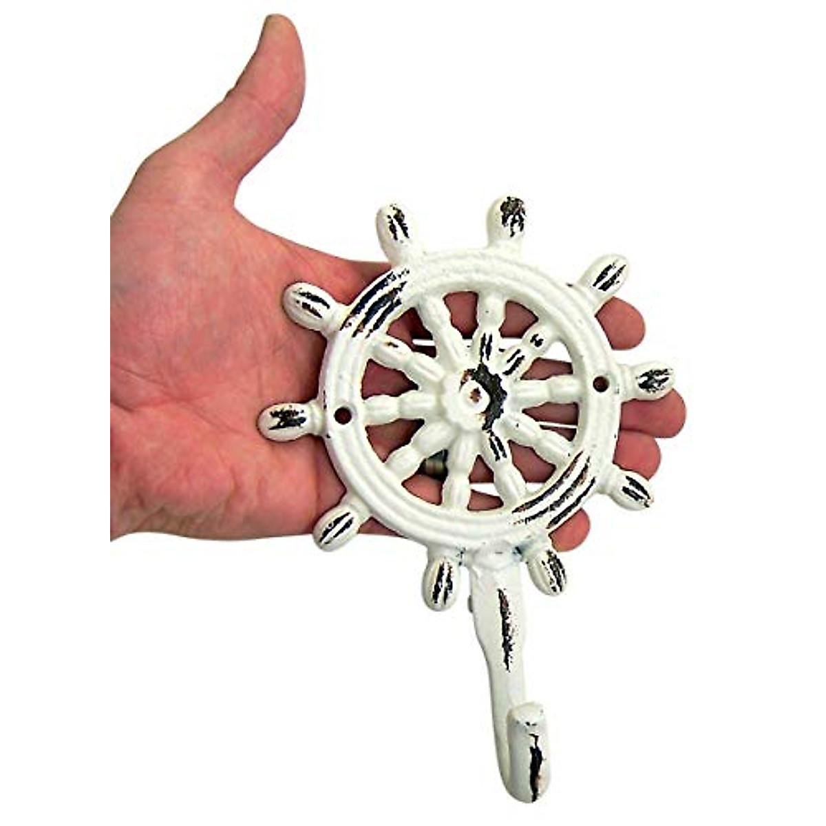 Rustic White and Teal Cast Iron Ship Wheel Wall Hooks, Set of 2, 5 3/4 Inch