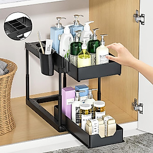 YIYUE Under Sink Storage, Adjustable Height Bathroom Kitchen Pull Out under Sink Organizer and Storage, 2 Tie Non - slip Sturdy Double Sliding Drawers Black