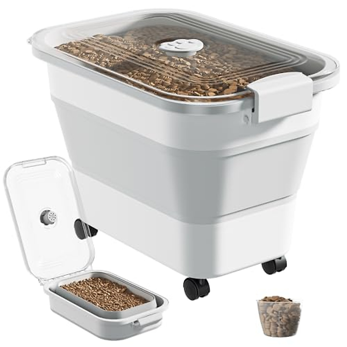 Airtight Dog Food Storage Container Up to 𝟮𝟯 𝗹𝗯𝘀,【Keep Dry Food Fresh】 Collapsible Pet Food Container with Clear Lid,【Ready to Use】 Cat Treart Container with Attachable Casters and Measuring Cup