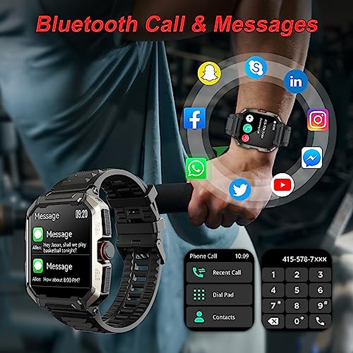 anyloop Military Smart Watches for Men, 1.85" HD Display 400mAh Rugged Smartwatch with Bluetooth Call Tactical IP68 Waterproof Outdoor Fitness Tracker with Heart Rate Monitor for iOS Android Phone
