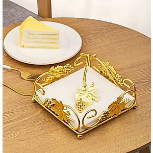 Flat Napkin Holder for Table Gold With Weight Arm for Kitchen Courtertops Dinning Table Grape Leaf Modern Tissue Dispenser Stainless Steel Gilding (7" L X 7" W X 2.5" H)