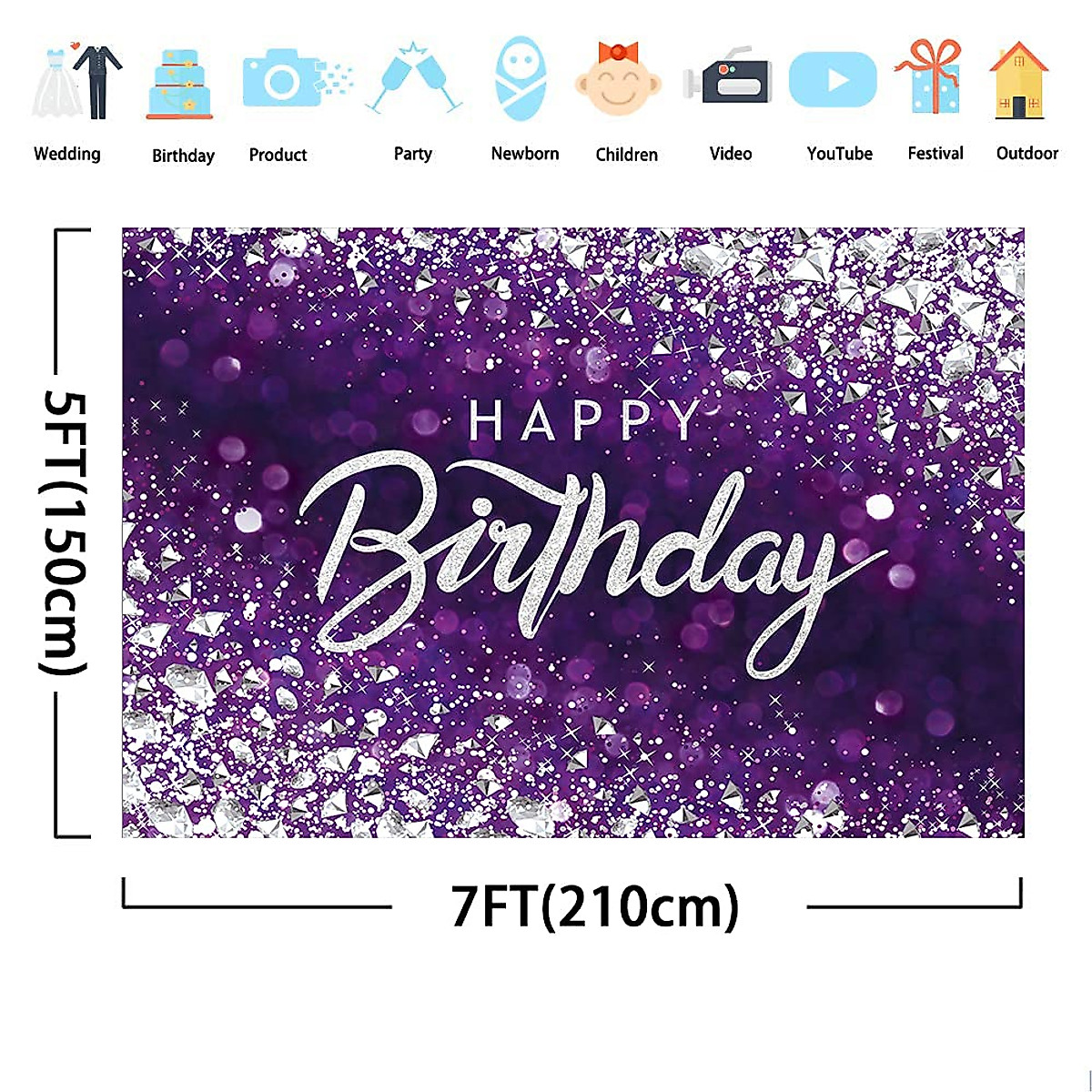 SVBright Purple Happy Birthday Backdrop for Women 7Wx5H Shinning Diamond Silver Bokeh Dots Woman Girls Elegant Sweet Princess Polyester Fabric Photography Background Banner Photo Booth Photo Studio