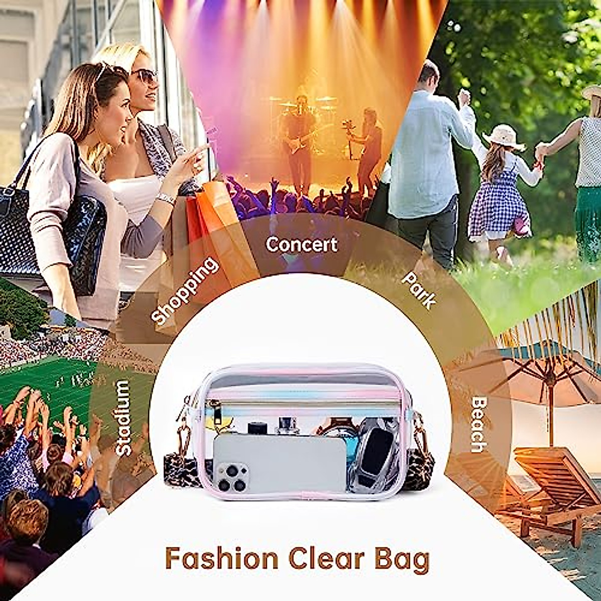 Clear Crossbody Bag stadium approved,Clear Bag for Women men Transparent bag for Concerts Sports for Concerts Sports（Gradual1++Leopard Print Shoulder Strap）
