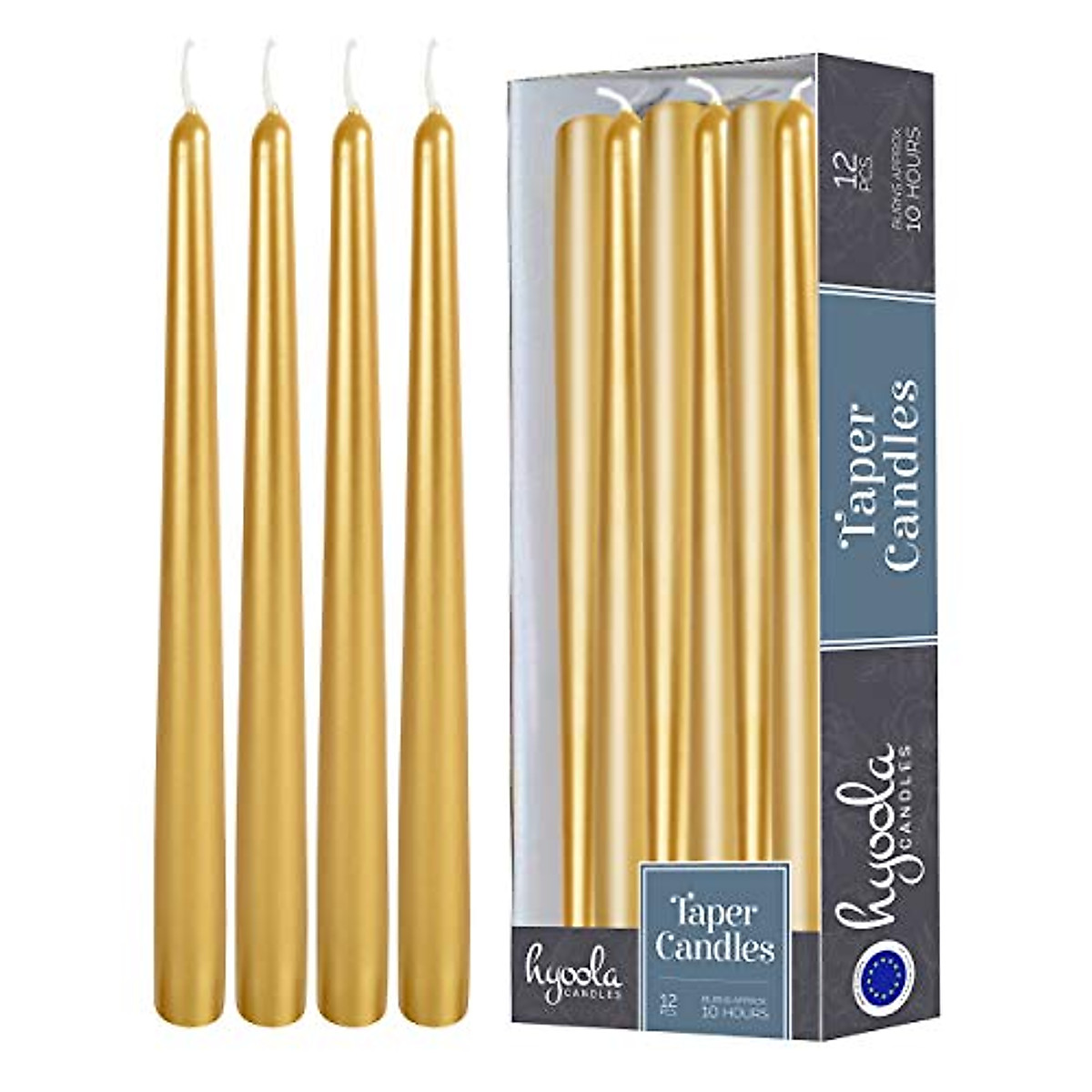 12 Pack Tall Metallic Taper Candles - 12 Inch Gold Painted Metallic, Dripless, Unscented Dinner Candle - Paraffin Wax with Cotton Wicks - Individually Wrapped -by Hyoola