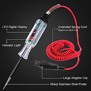 Premium Digital LED Automotive Circuit Tester, DC 2.6V-32V Test Light with Portable PU Extended Spring Wire, Vehicle Circuits Low Voltage Light Tester with Sharp Stainless Probe