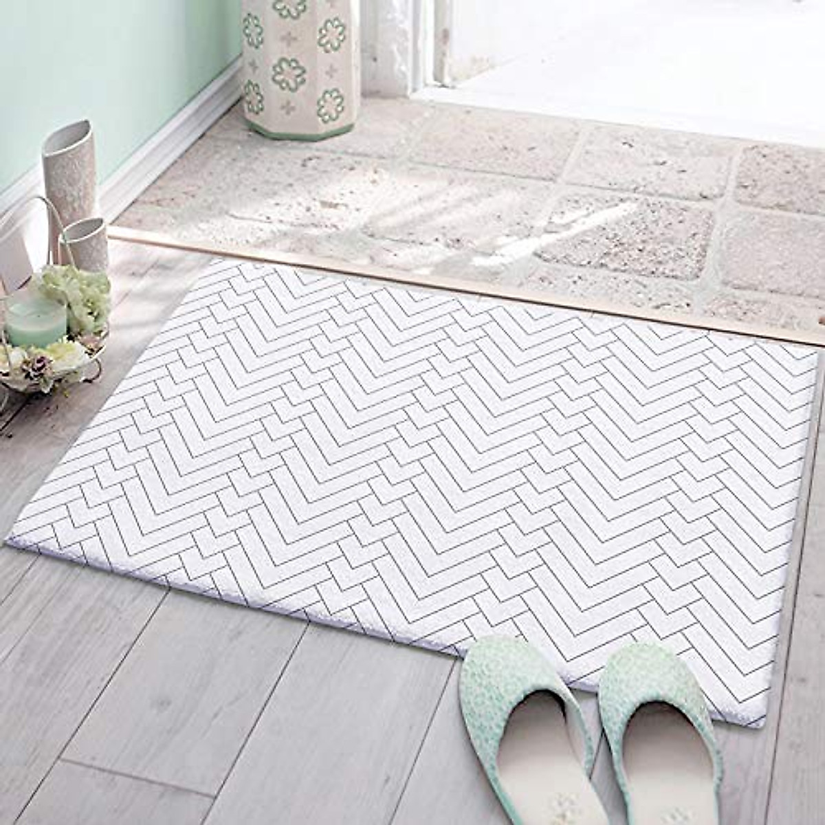 Chucoco Modern Abstract Geometry Herringbone Art Doormat Shaggy Plush Rug, Comfy Furry Floor Area Rugs Simple White Cozy Throw Shag Carpets Indoor Entrance Decor Door Mats