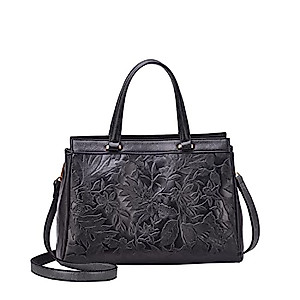 Mellow World Salome Embossed Floral Vintage Medium Satchel Cross Body Handbag for Women with Removable Adjustable Strap Black