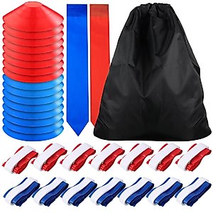 16 Player Flag Football Set 16 Football Belts Each with 3 Football Flags,16 Red and Blue Cones and 1 Oxford Carrying Bag for Kids or Adults Players and Flag Football