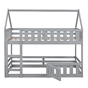 Bellemave House Bunk Bed for Kids, Twin Over Twin Floor Bunk Bed with Fence Railings and Door, Wooden Convertible Playhouse Loft Beds with Ladder for Boys Girls Teens, Gray