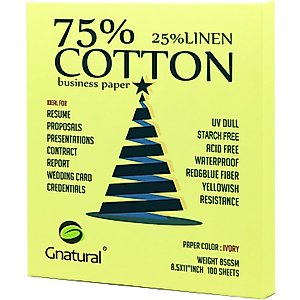 75% Cotton 25% Linen Paper, 85gsm Inkjet Printing Paper, 8.5"x11" Ivory Color Resume Paper,100 Sheets Won't Get Wet Cotton Paper