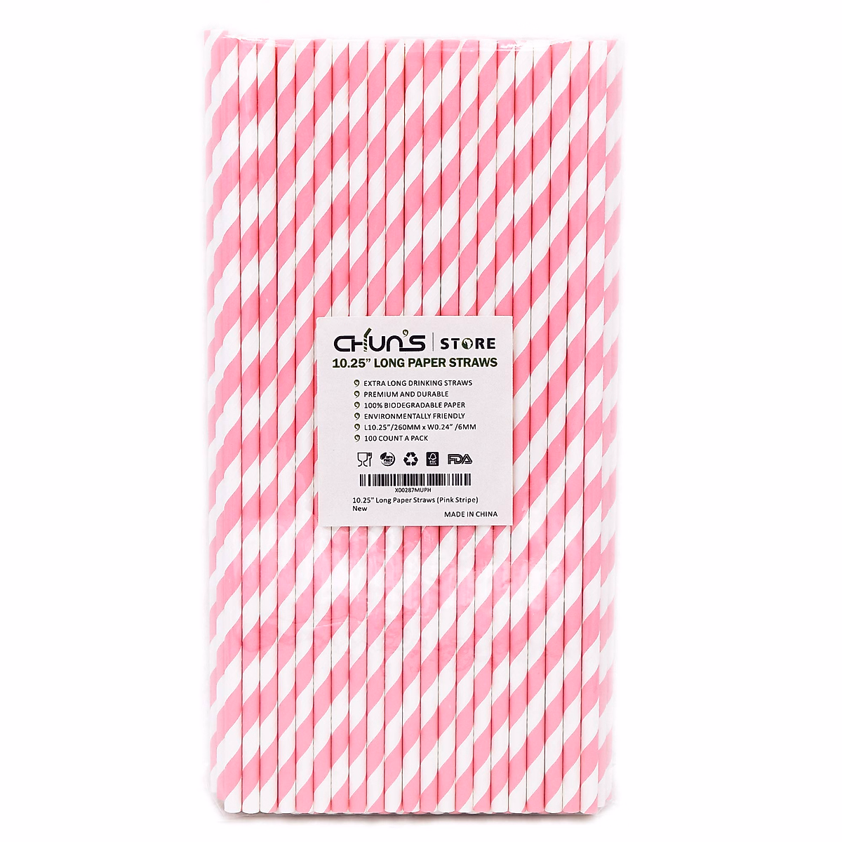 Biodegradable Pink Paper Straws for Drinking - 10 Inches Long, 0.24" Diameter, Pack of 100