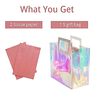 VUOJUR 8.3'' Holographic Small Gift Bag with Tissue Paper Reusable Birthday Gift Bag for Girls Women Iridescent Bachelorette Wedding Bridal Bridesmaid Tote Gift Bag (Pack of 1, S Glossy Coral)