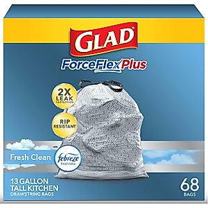 Glad ForceFlexPlus Tall Kitchen Drawstring Trash Bags - 13 Gallon Grey Trash Bag, Fresh Clean with Febreze Freshness 68 Count