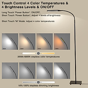 Koopala LED Floor Lamp, Bright Tall Standing Lamp with 4 Brightness Levels&4 Color Temperatures, Adjustable Gooseneck, Touch Control, Standard Lamp, for Study/Living Room/Bedroom/Office/Reading-Black