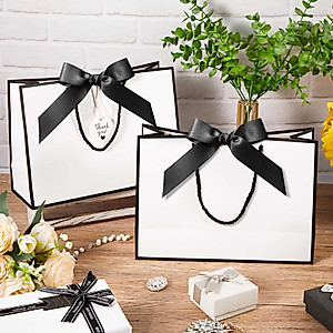 Locmeo 20 Sets Large Bow Ribbon Thank You Gift Bags Bulk with Handles 11 x 4 x 8 Inch Paper Gift Wrap Bags for Christmas Wedding Baby Shower Birthday Anniversary Holiday Party (Black and White)