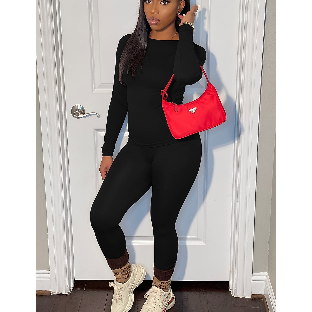 BORIFLORS Women's 2 Piece Track Suits Outfits Workout Long Sleeve Top Jogger Legging Pants Sets,Medium,Black