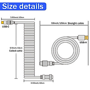Nysivy Custom Coiled USB C to A Cable with Detachable Double Sleeved Spiral Cable Extendable Spring Line Metal Aviator for Playstation, Mechanical Gaming Keyboards,Game Console, Printer and Cellphone