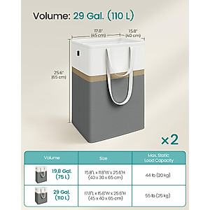 SONGMICS Set of 2 Laundry Hamper, 110 L Foldable Laundry Basket, Laundry Bag with Short and Long Handles, Easy to Transport and Clean, Freestanding, for Bedroom, Bathroom, Slate Gray ULCB210G01