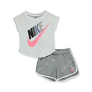 Nike Girls Graphic-Print T-Shirt & Shorts 2 Piece Set (Dark Grey Heather(16E471-042)/White, 18 Months)
