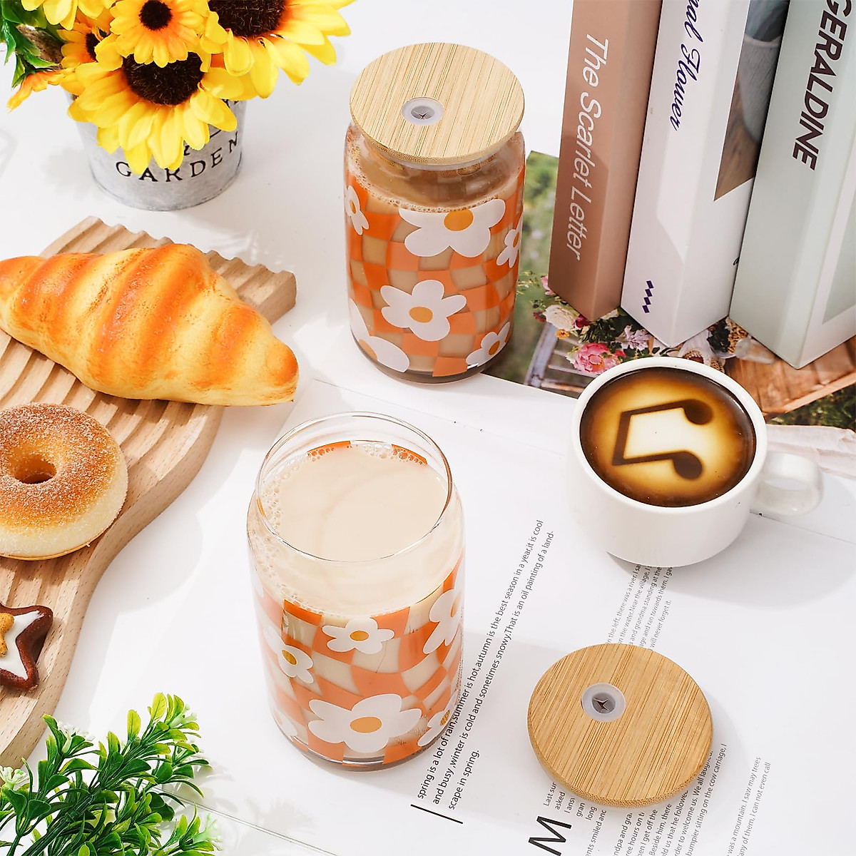 Whaline 2 Pack Retro Floral Checkers Iced Coffee Cup Orange Boho Drinking Glasses Retro Flower Beer Can Glass with Lid Straw Cleaning Brush for Home Office Gifts,16oz